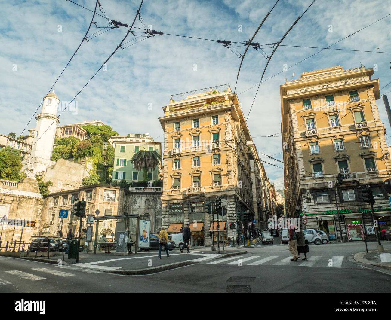 Piazza del Portello in Genoa, Liguria, Italy, with lift entrance for ...