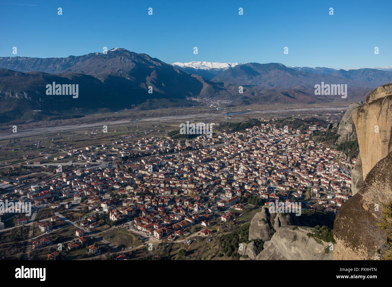 Landscape with Kalambaka town with Pindus mountains at background. Area ...