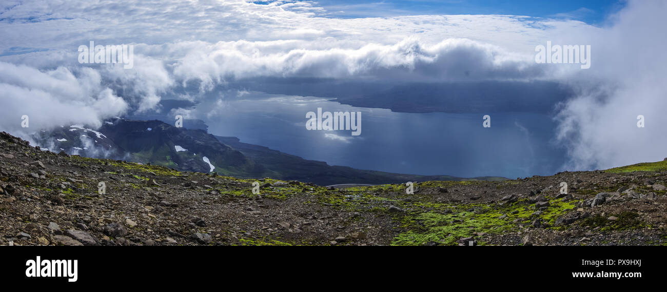 Panorama of Reydarfjordur, biggest fjord. Eastern Iceland. View from ...