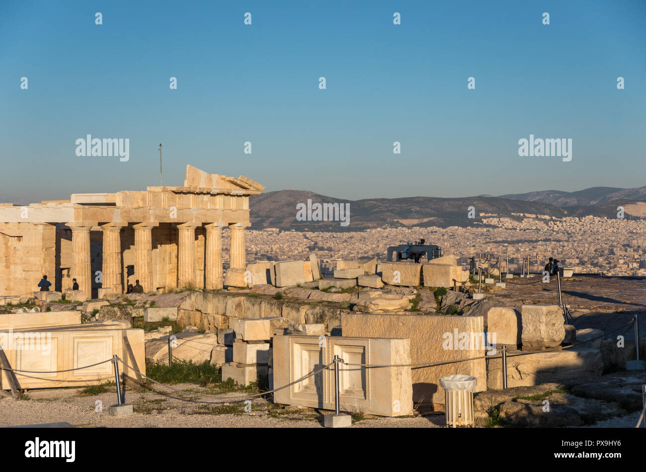 Ruins of Parthenon temple with monumental gateway Propylaea in the ...