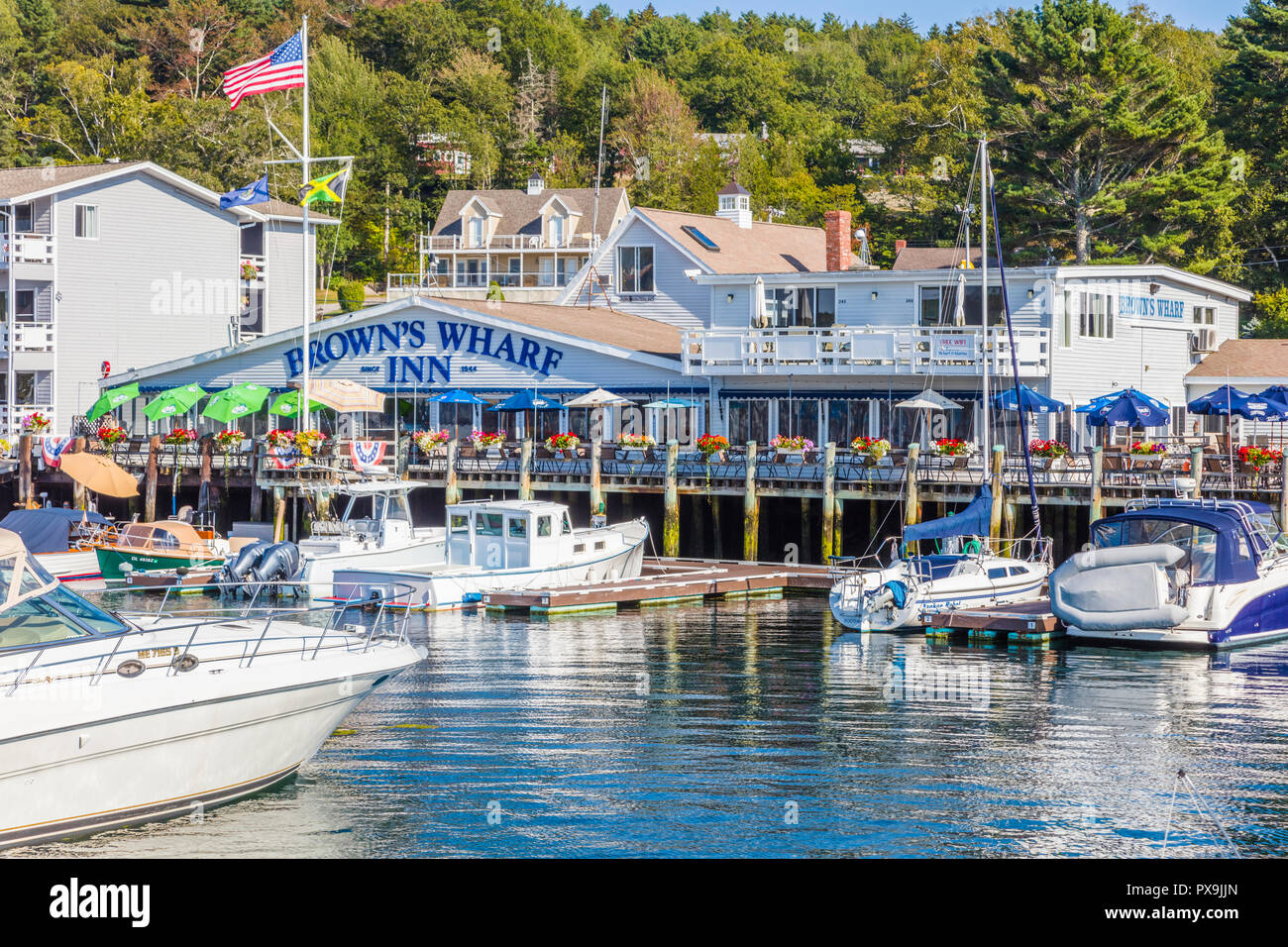 Waterfront harbor area of Boothbay Harbor Maine in the United States ...