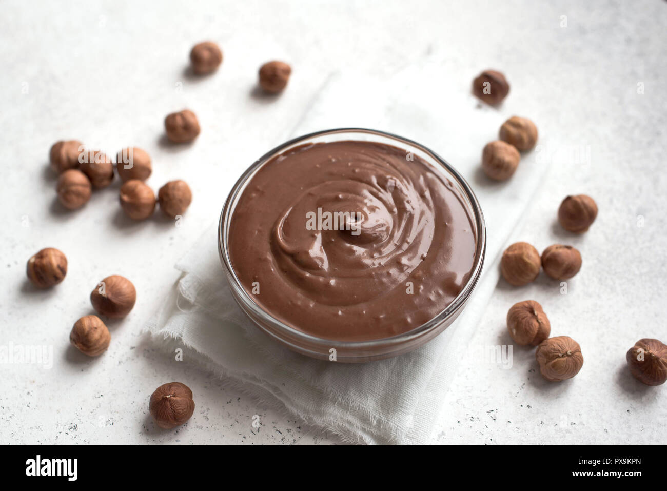 Chocolate Hazelnut Spread on white background, top view, copy space ...