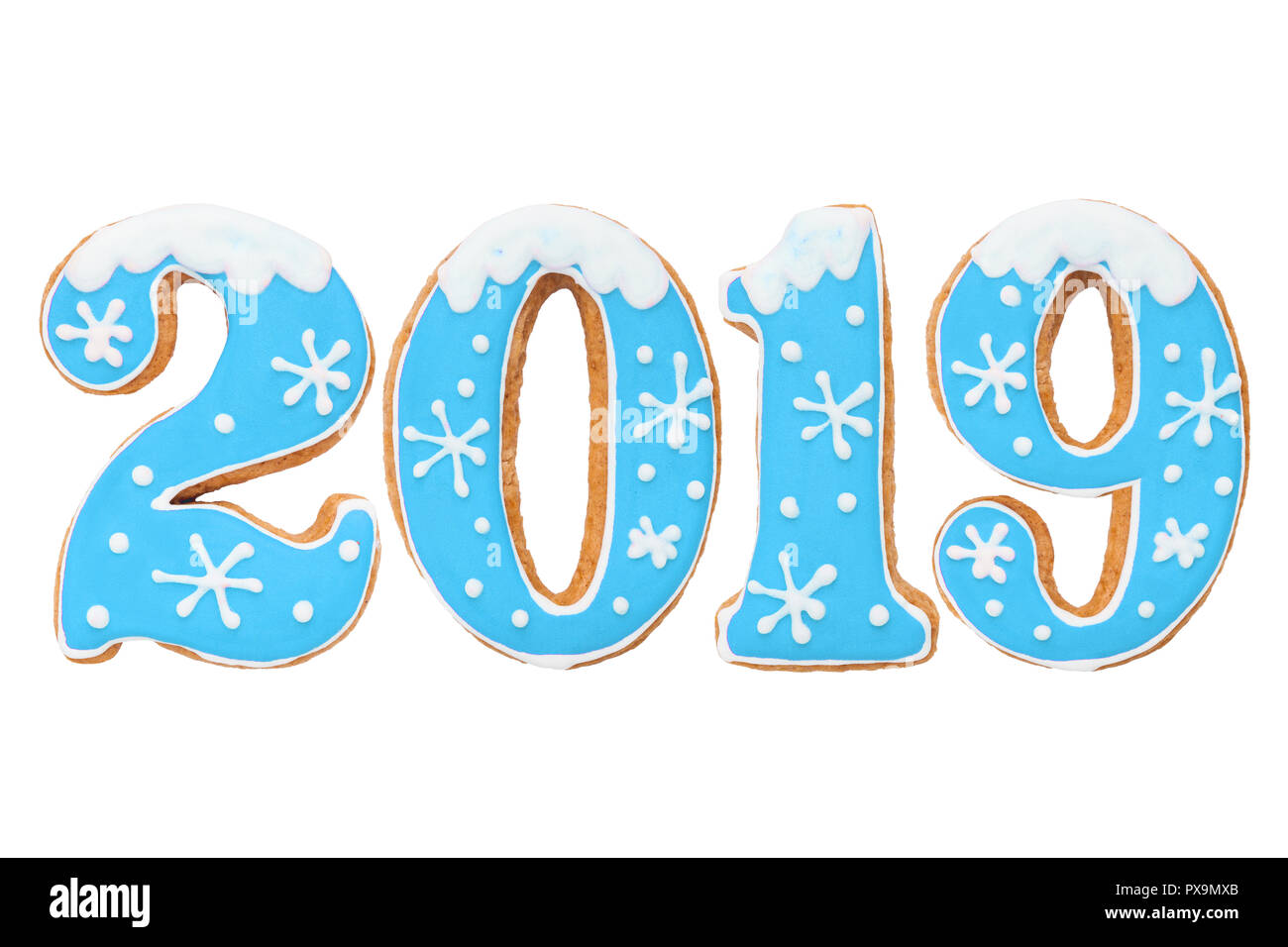 Number 2019, New Year gingerbread, blue icing, isolated on white ...
