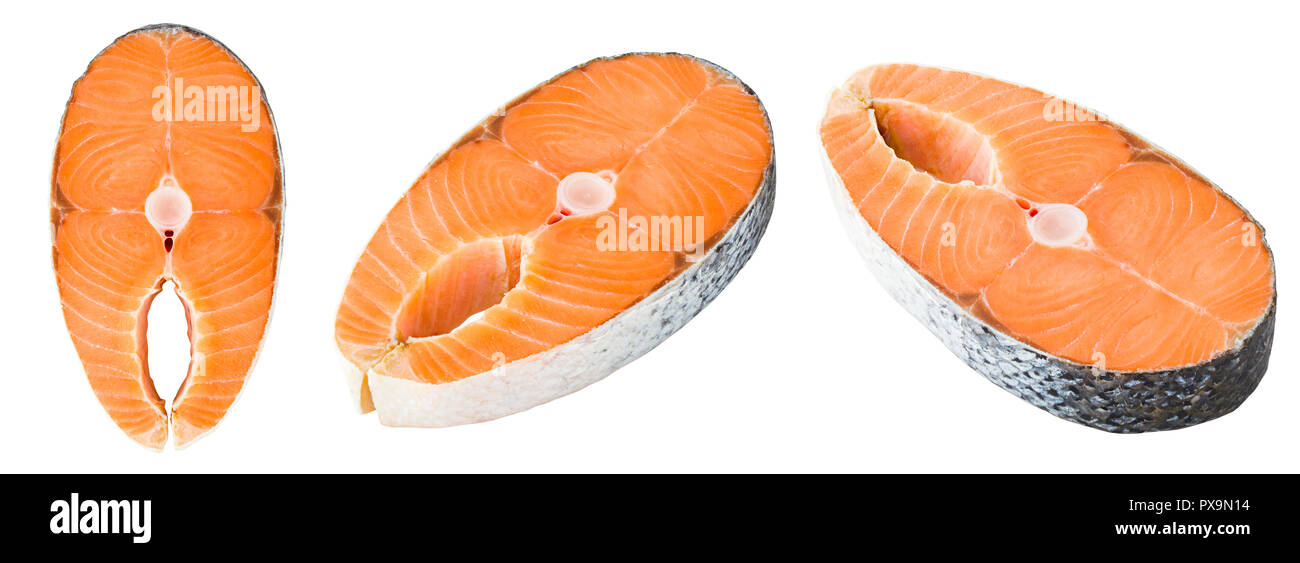 piece of fresh raw salmon fish on a white background isolated, clipping ...