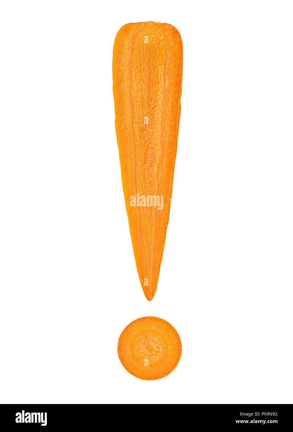 carrot slice cut out in the form of an exclamation mark, isolated on ...