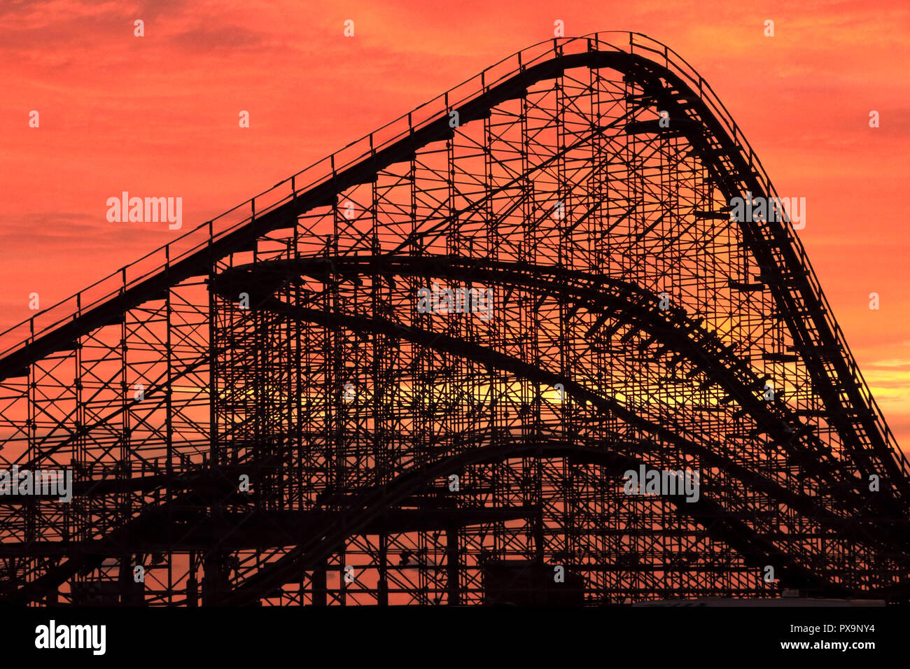 The Great White Roller Coaster at dawn on the boardwalk at Wildwood ...