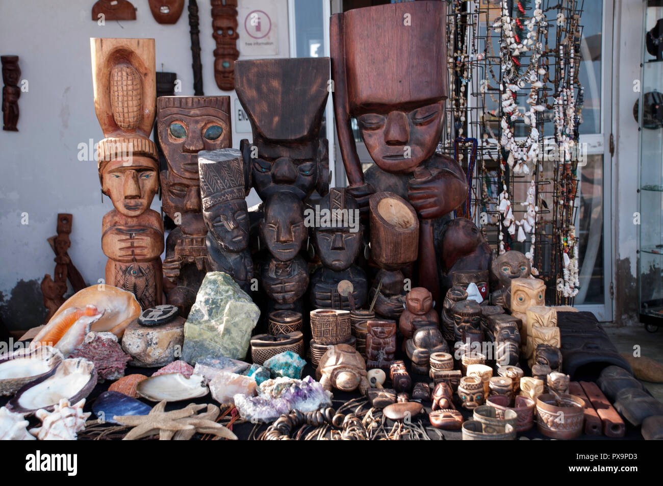 Peruvian craft souvenir shop made of wood, leather and seashells Stock ...
