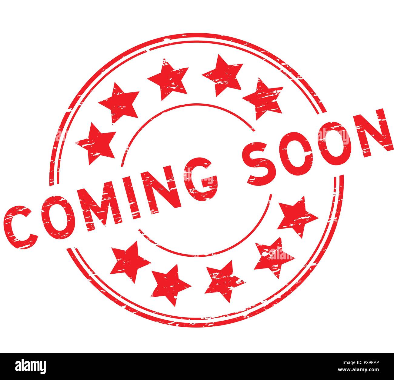 Grunge red coming soon with star icon round rubber stamp on white ...