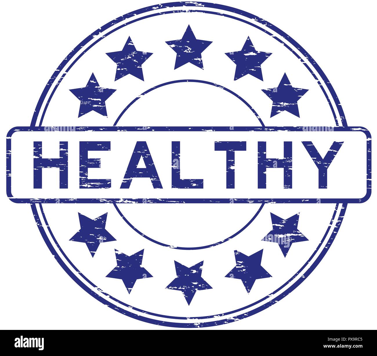 Grunge blue healthy with star icon round rubber stamp Stock Vector ...