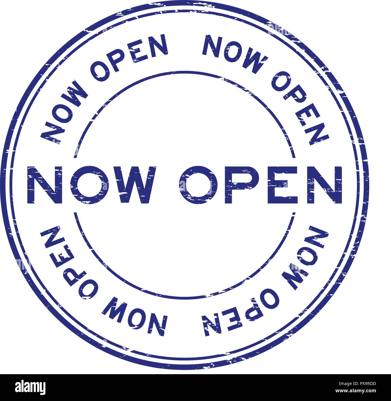 Grunge blue now open round rubber stamp on white background Stock ...