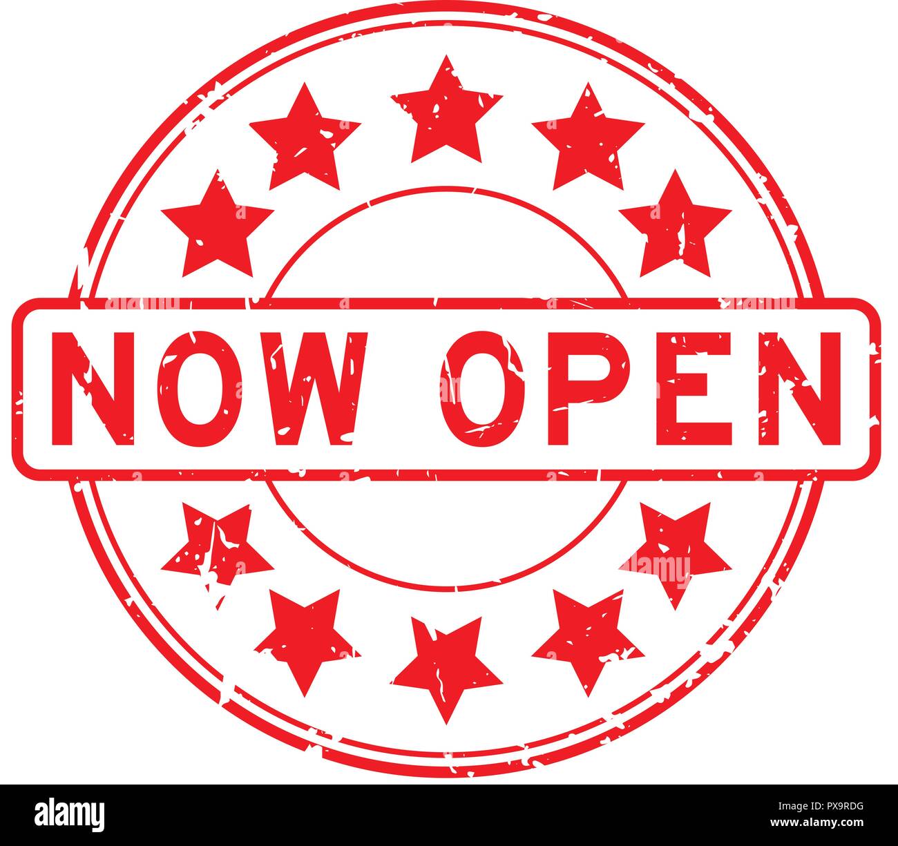 Grunge red now open with star icon round rubber stamp on white ...