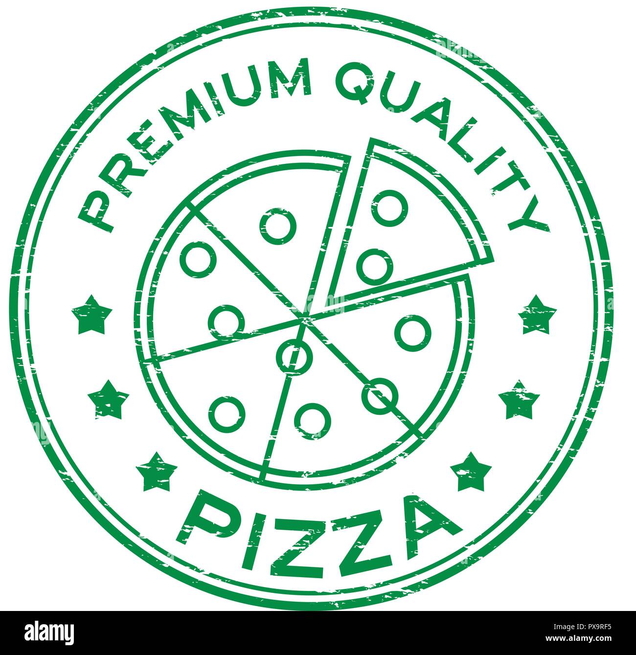 Grunge green premium quality pizza with slice plate logo round rubber ...