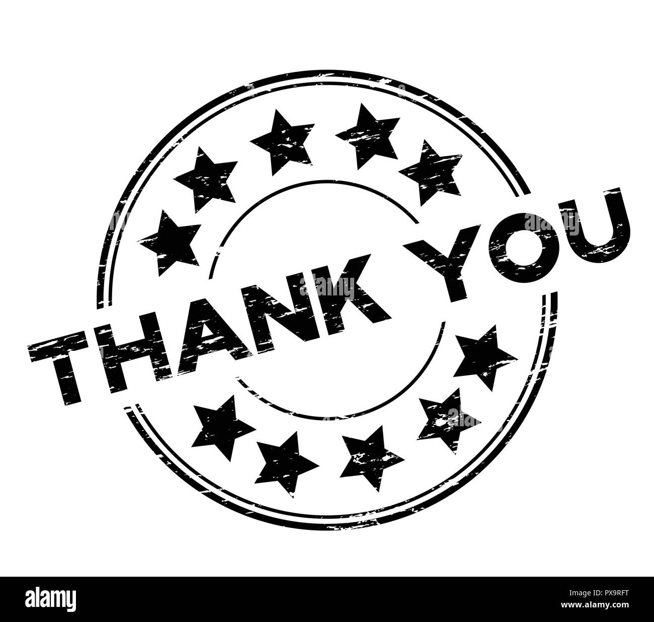 Grunge black thank you with star icon round rubber stamp on white ...
