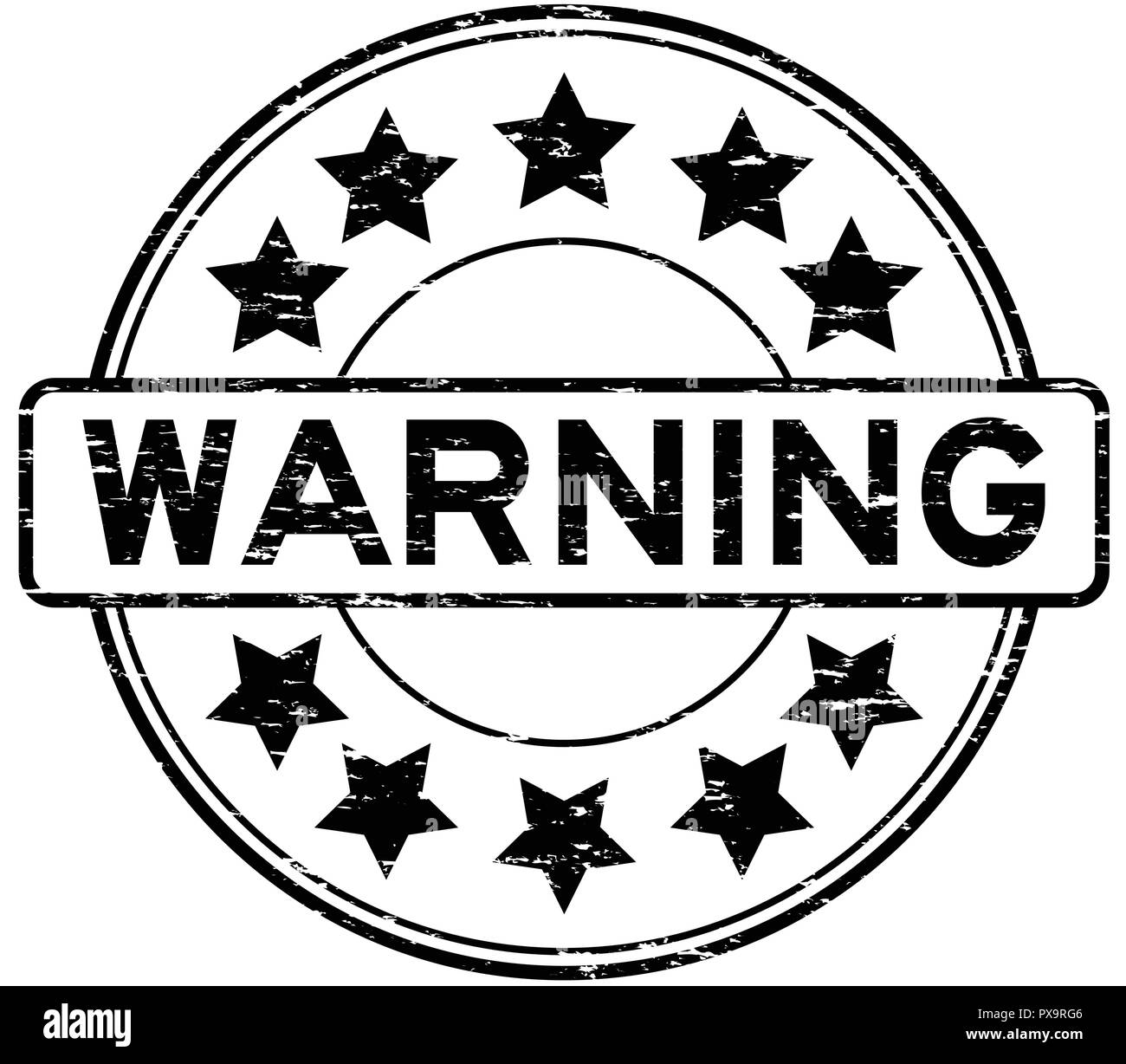 Grunge black waring text with star icon round rubber stamp on white ...