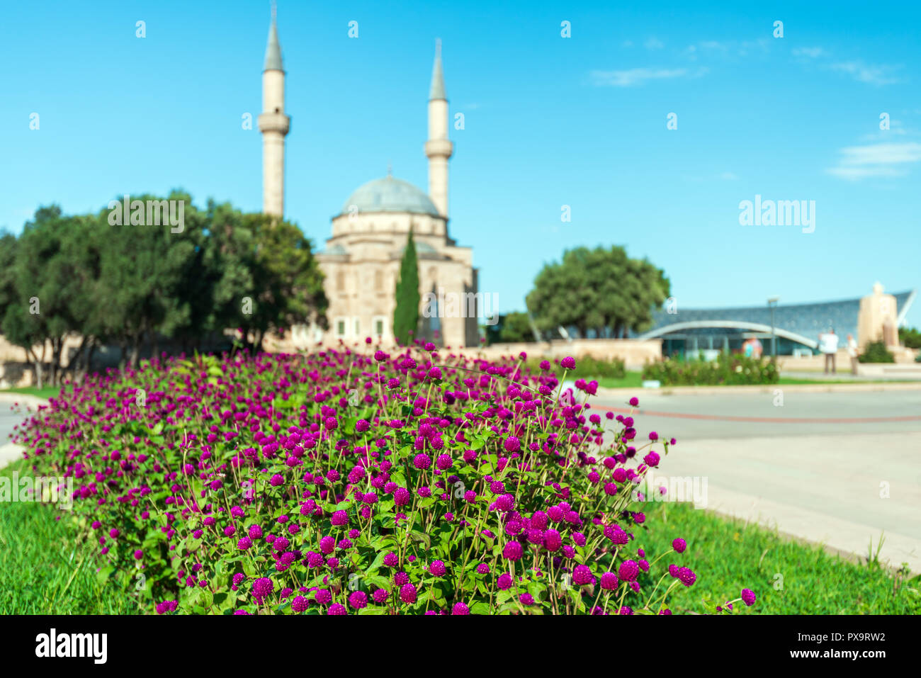 Lawn with flowers, in the background a mosque Stock Photo - Alamy