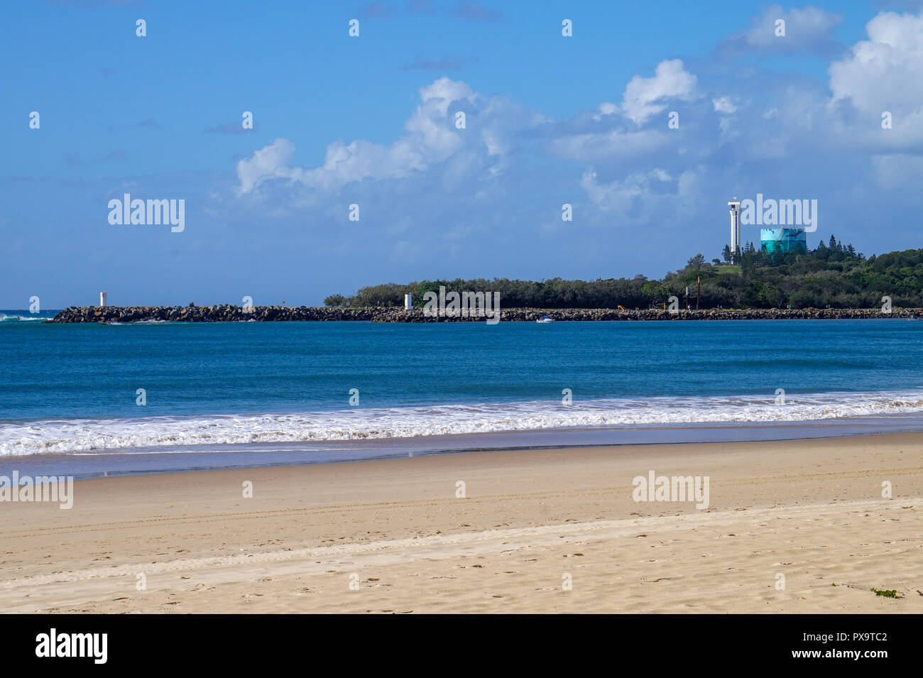 Beach, sea and rock wall at Mooloolaba, Sunshine Coast, Australia Stock ...