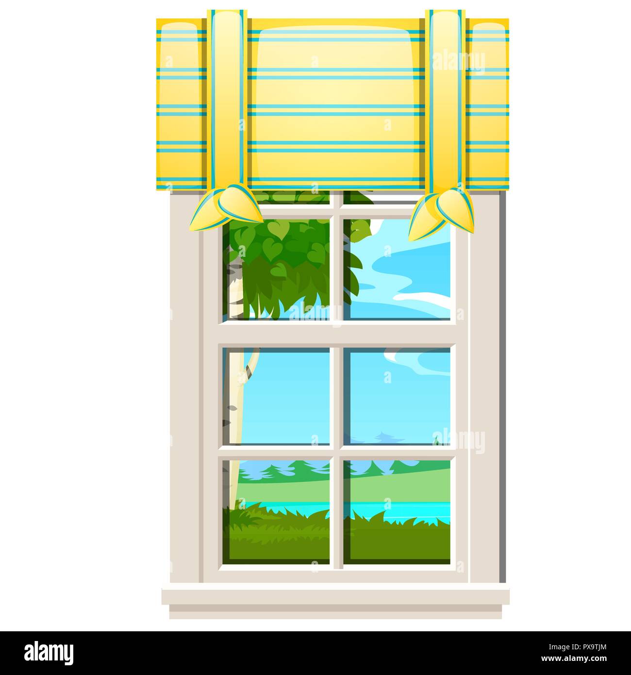 The window overlooking the meadow of green grass in summer isolated on ...