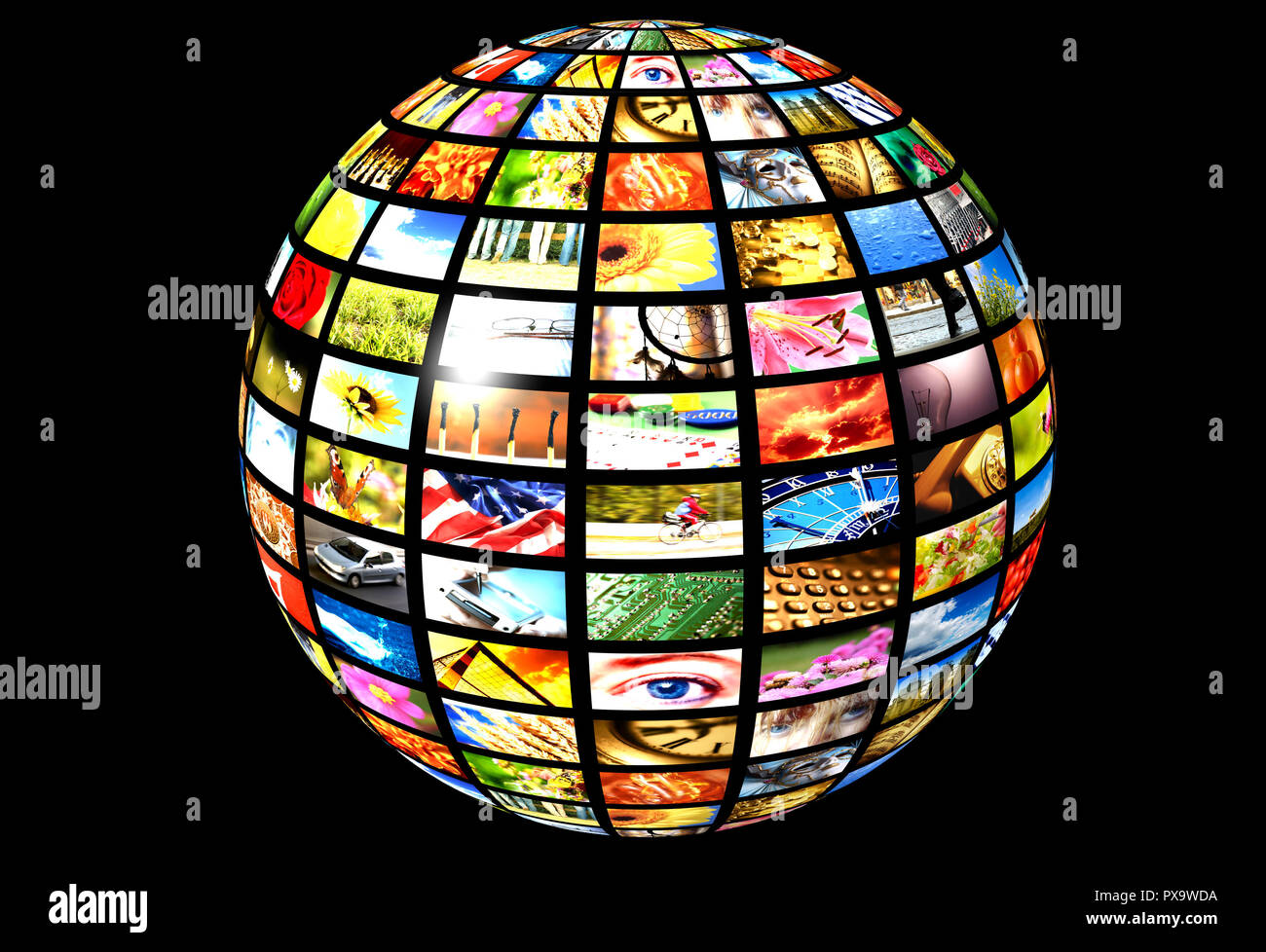 sphere with many screens, digital television and internet broadcasting ...