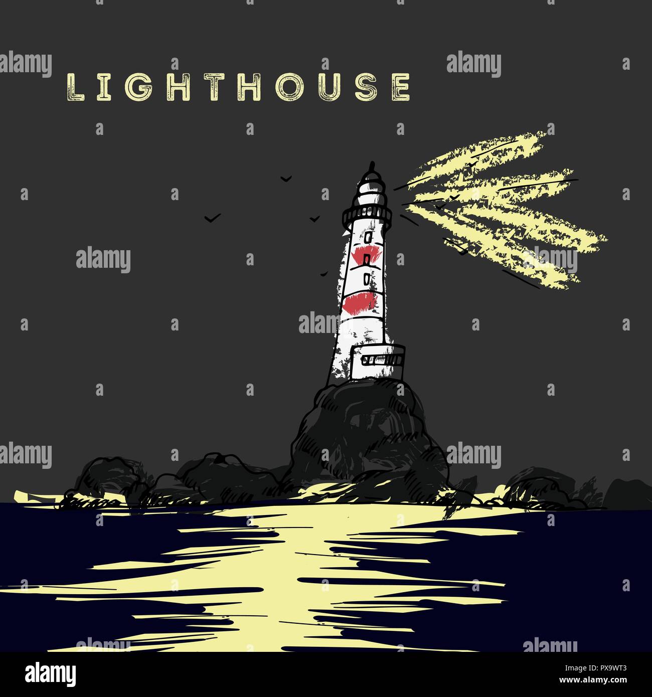 Lighthouse at night vector illustration. Seamark hand drawn colored ...