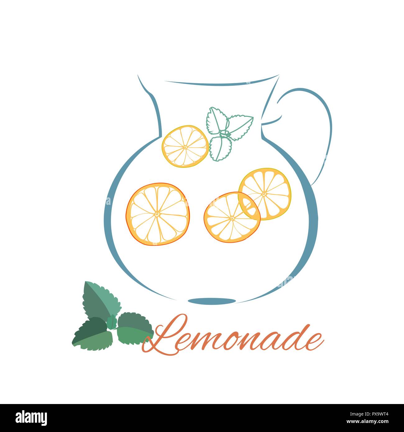 Lemonade jug outline logo and mint leaves. Outline lemonade jug ...