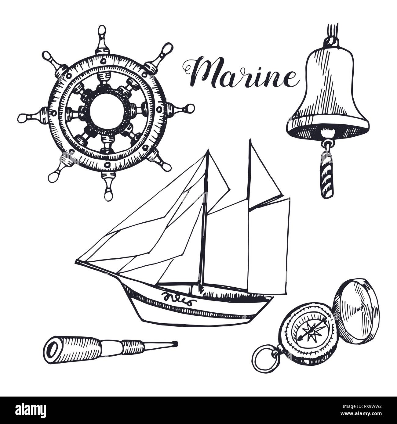 Marine elements isolated on white background. Ship captain accessories ...