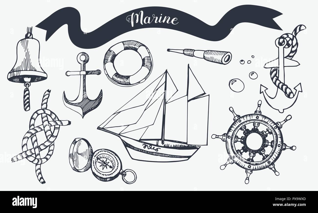 Marine elements isolated on white background. Ship captain accessories ...
