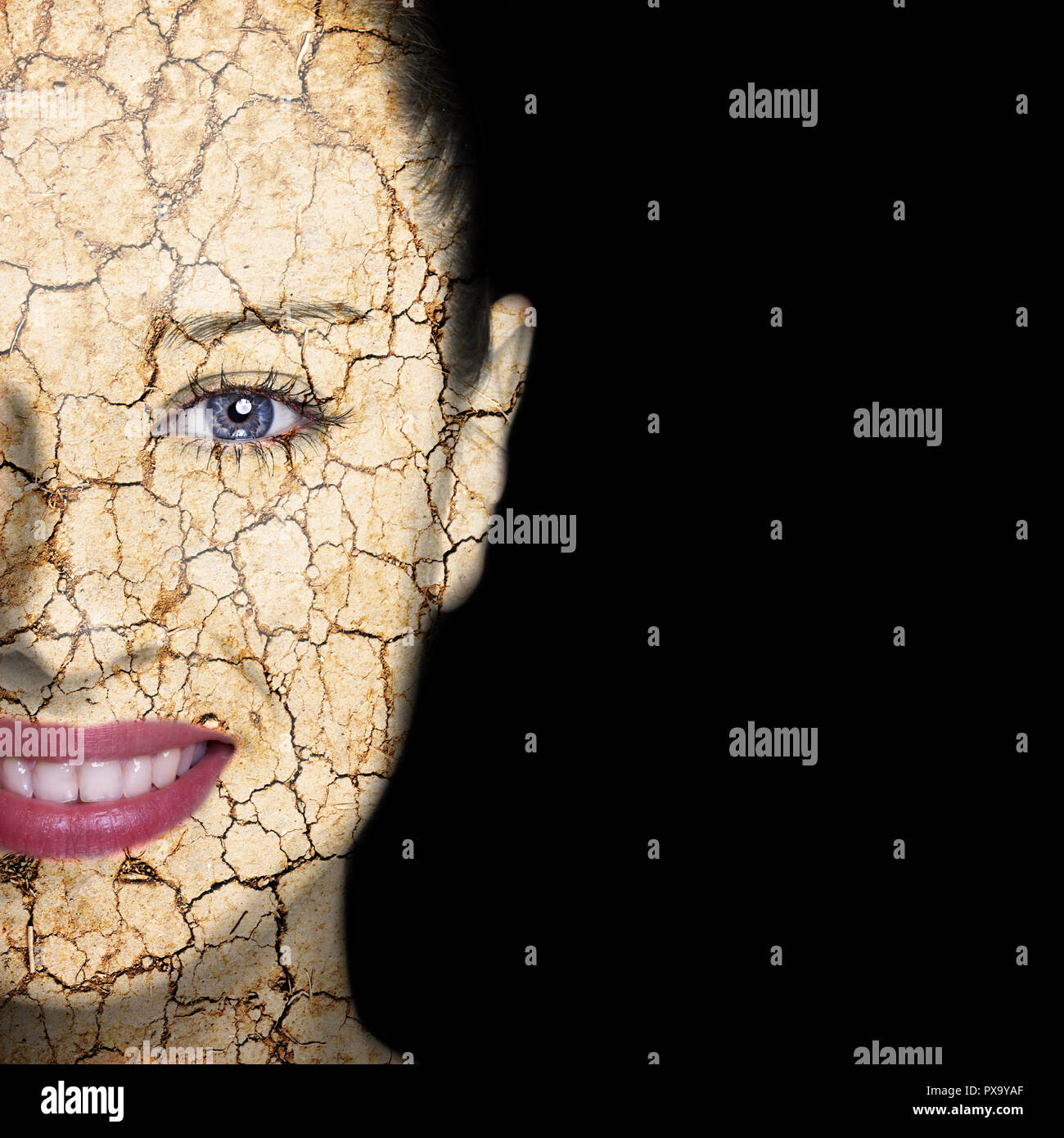Beauty concept - woman face covered with cracked surface - symbol of ...