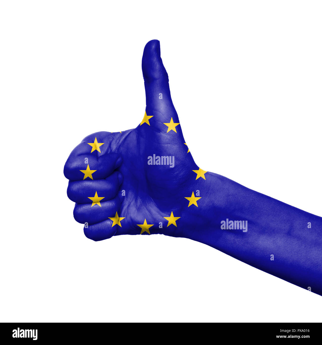 EU flag painted on hand over white background Stock Photo - Alamy