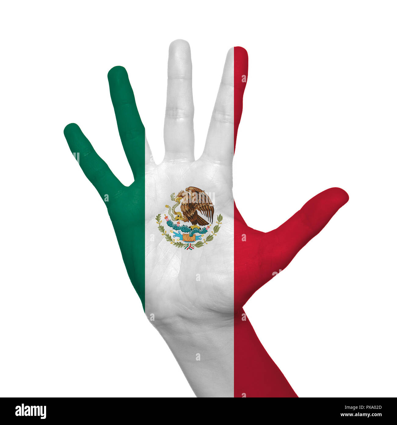 Mexico flag painted on hand over white background Stock Photo - Alamy