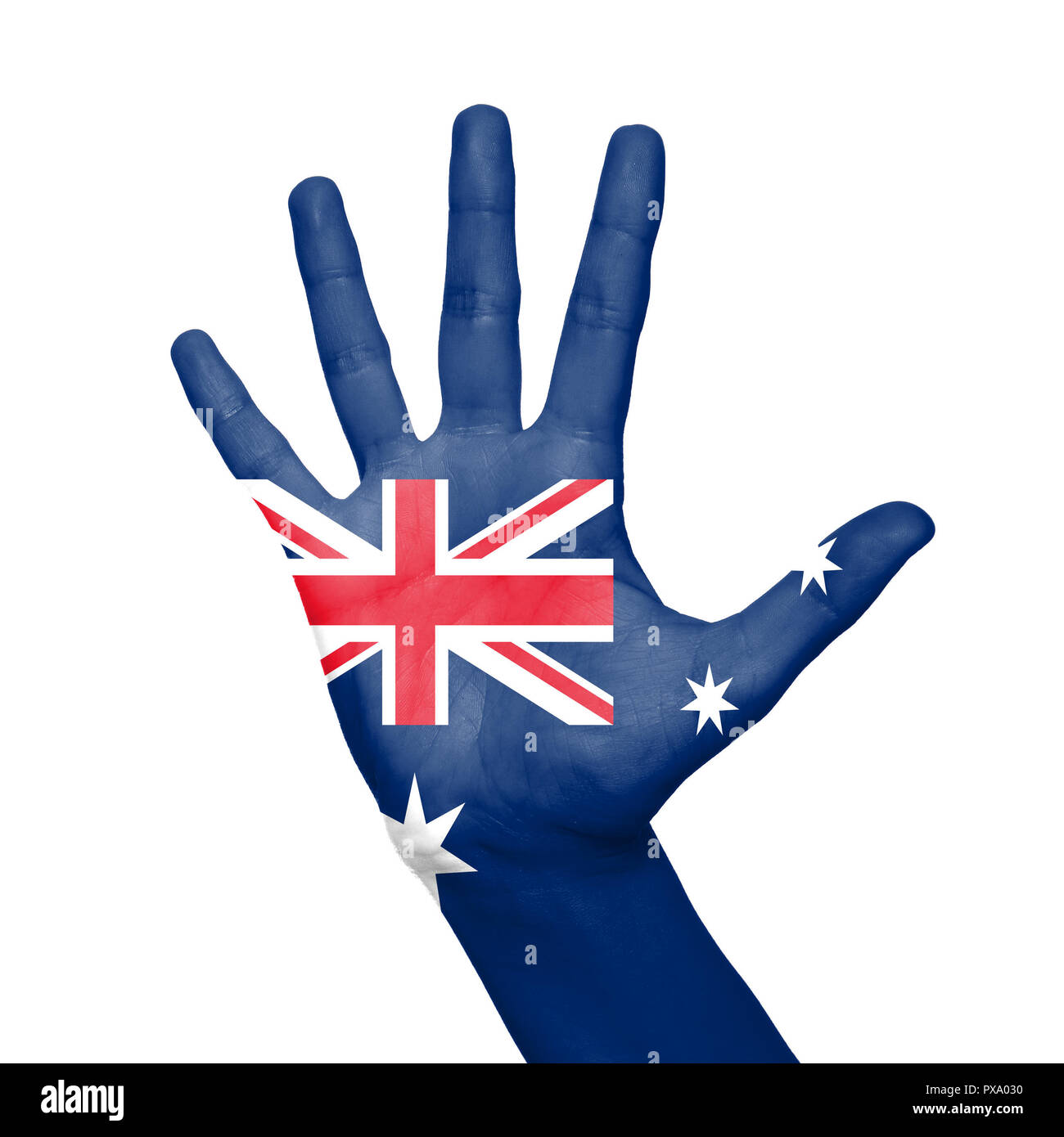 Australia flag painted on hand over white background Stock Photo - Alamy