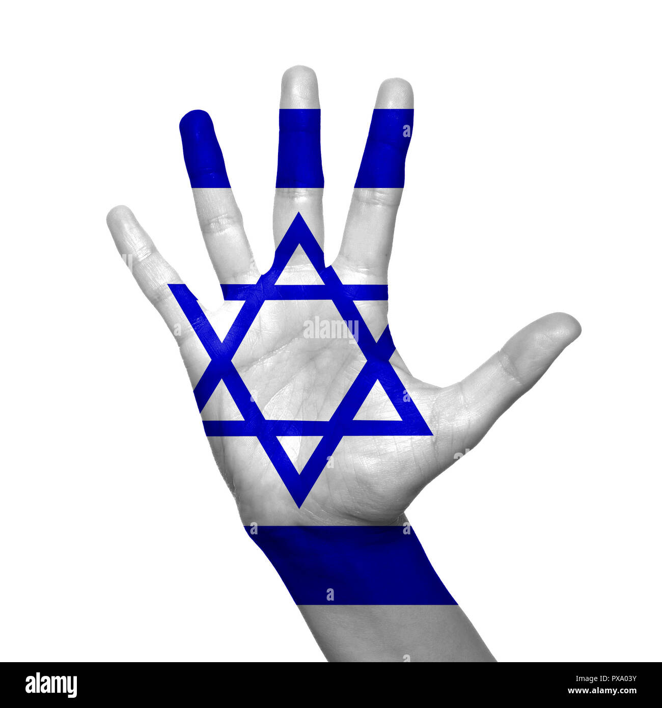 Israel flag painted on hand over white background Stock Photo - Alamy