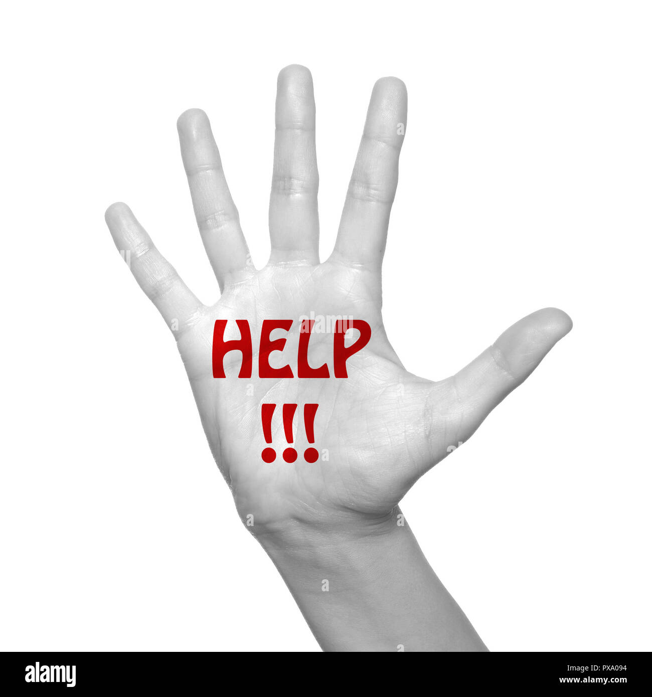 Help word painted on hand over white background Stock Photo - Alamy