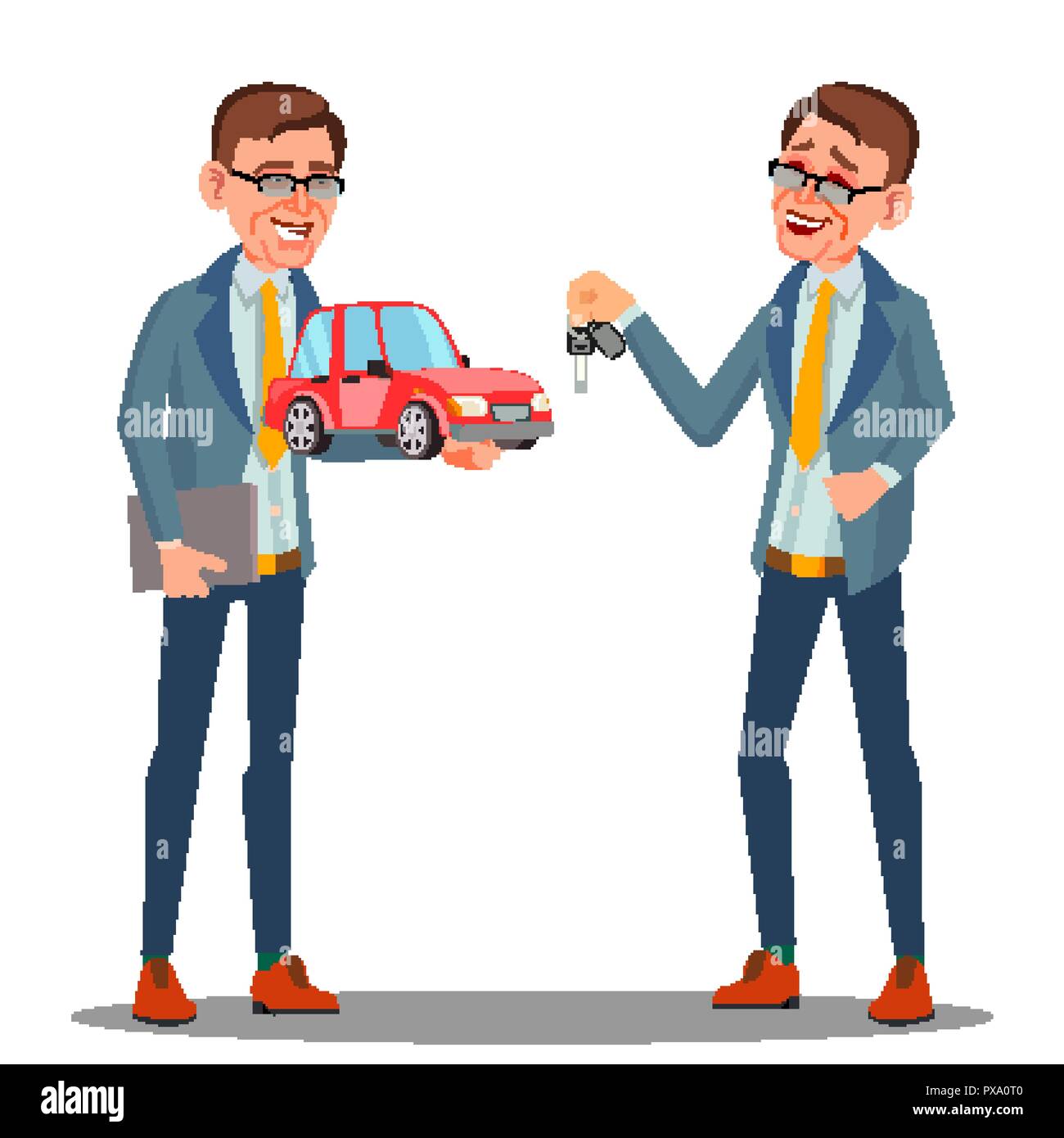 Smiling Insurance Agent Holding A Car In Hand Vector. Isolated ...