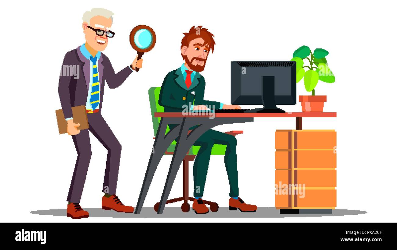 Business Espionage, Employee Holding Magnifier Standing Behind Employee At Desktop With Computer ...