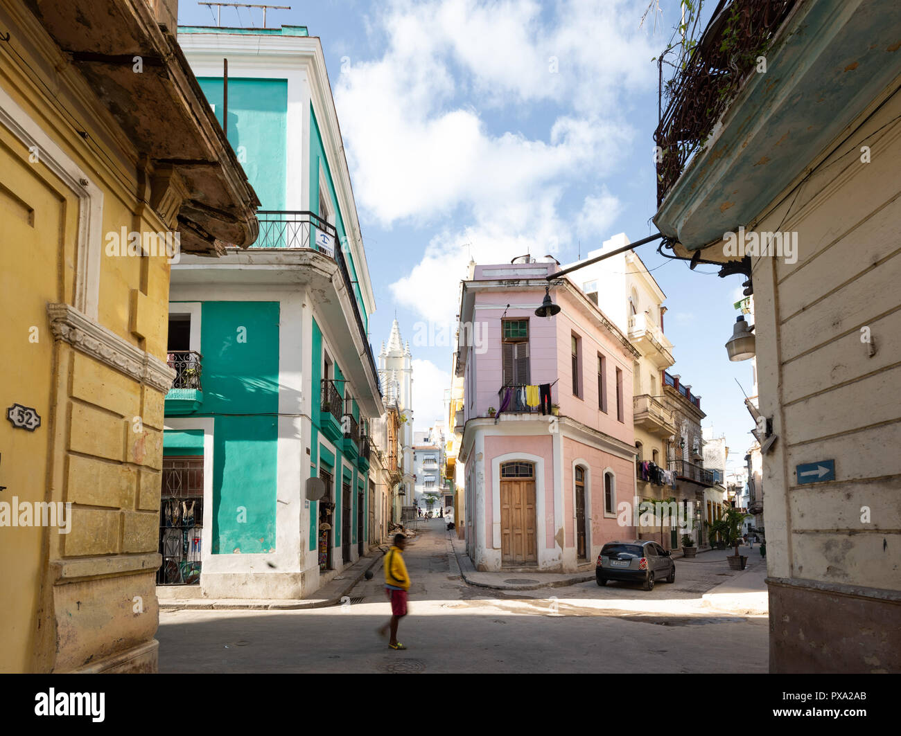 Nice colorful restored buildings and small alleys in Old center Havana ...