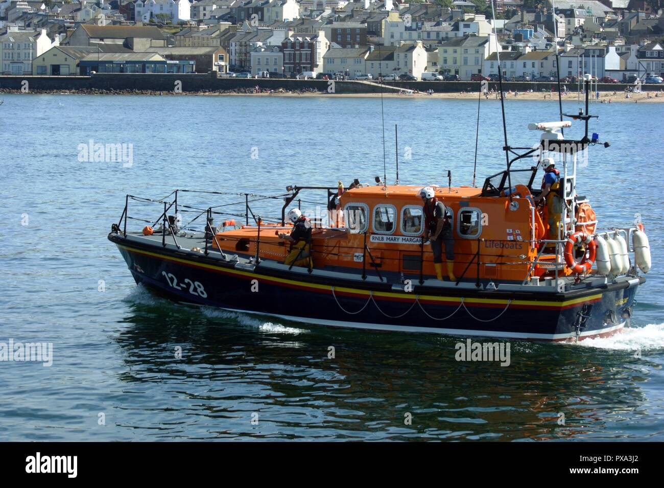 RNLI lifeboat 12-18 Mary Margaret being launched at Peel Isle of Man ...