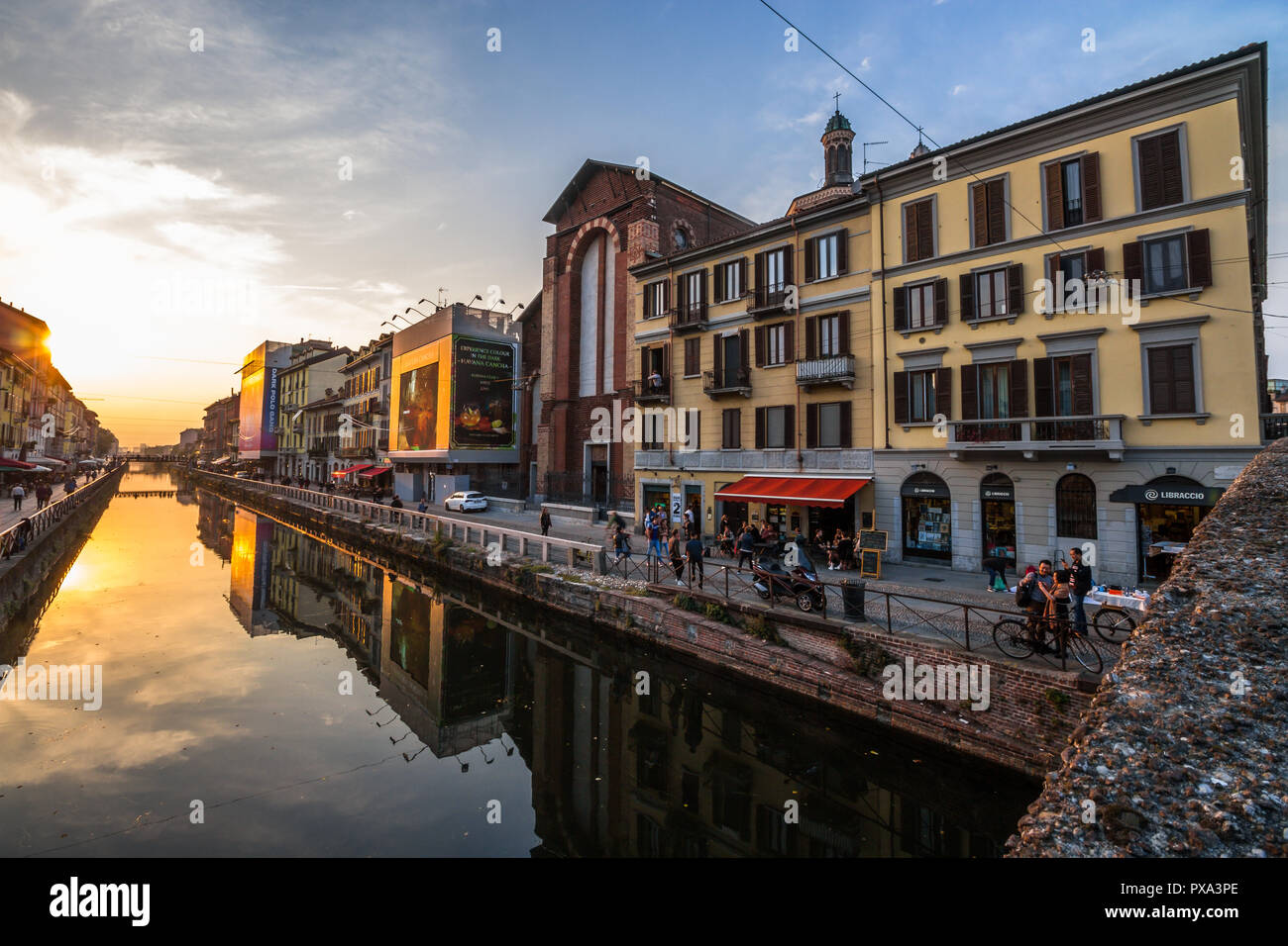 Naviglio Grande Beautiful Sunset View with Canal Reflection. Navigli ...