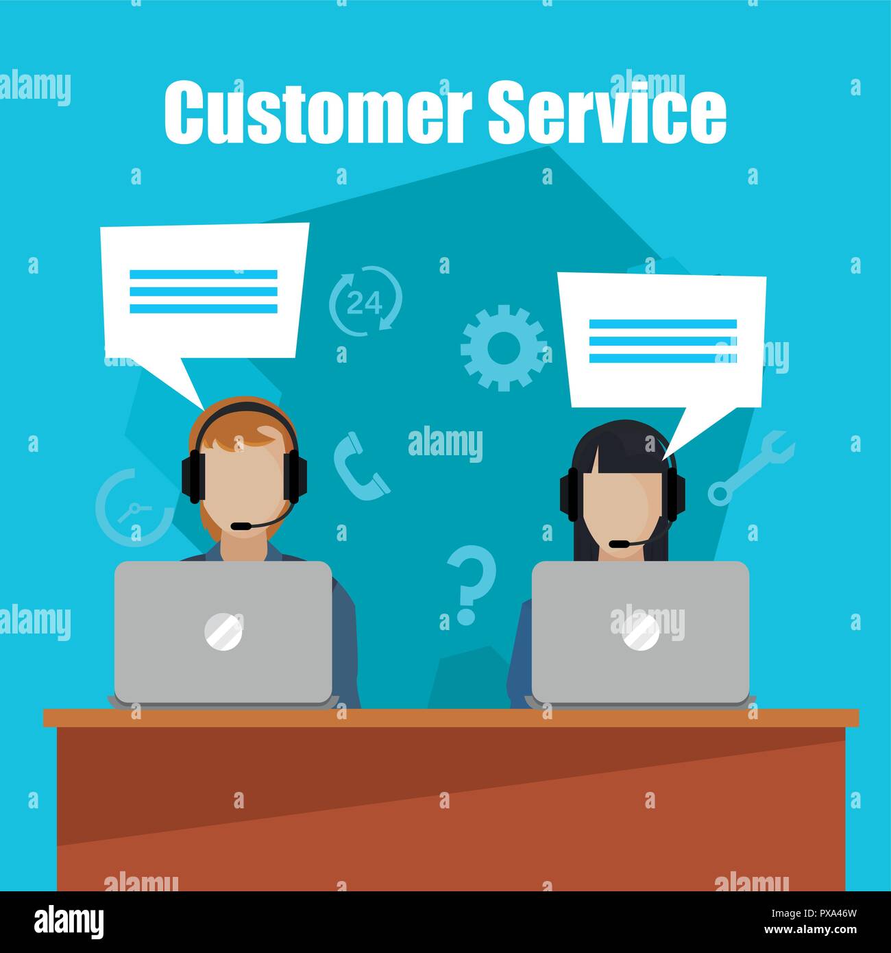 man and woman working laptop customer service vector illustration Stock ...