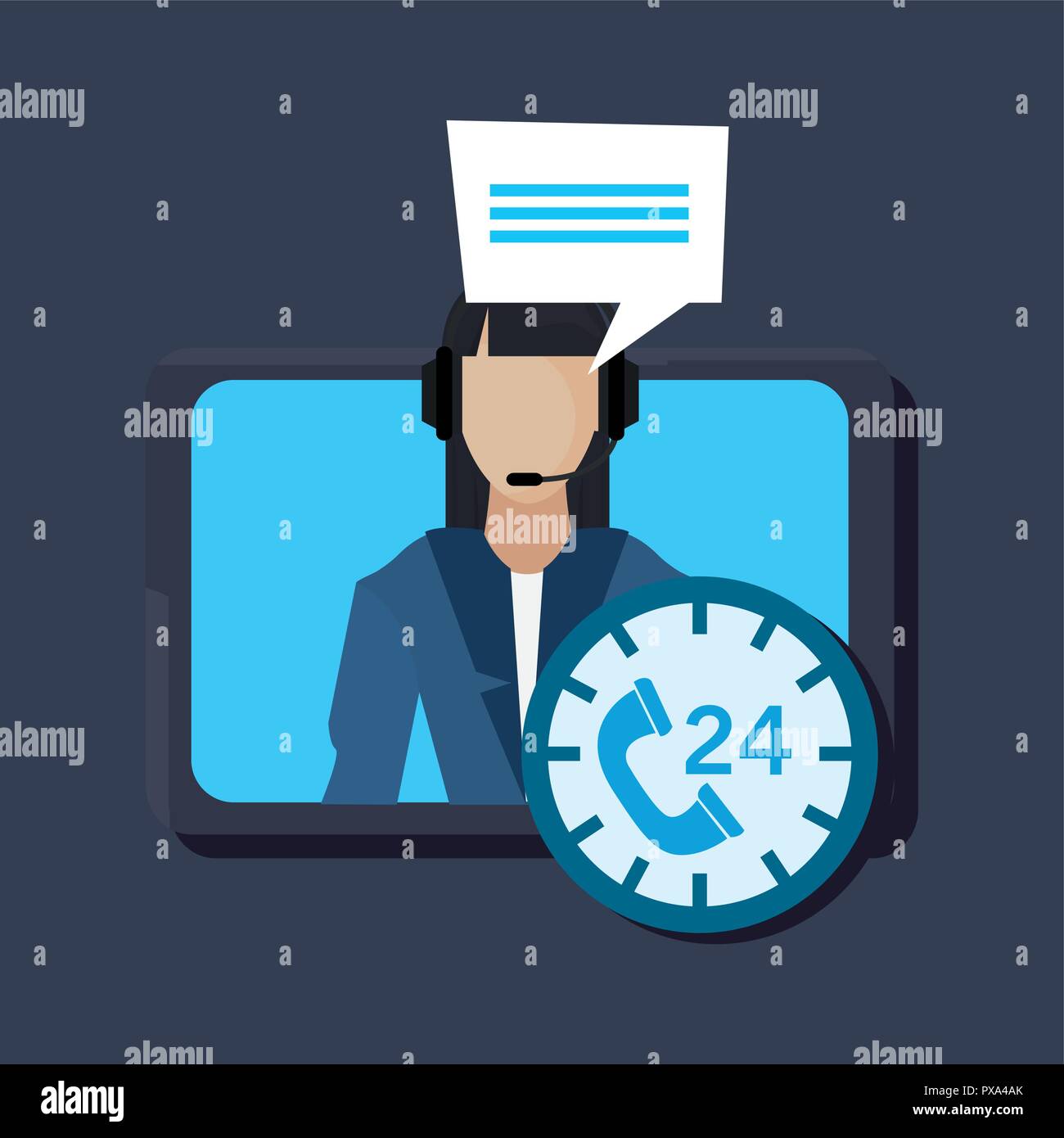 woman device speech bubble clock app customer service vector ...