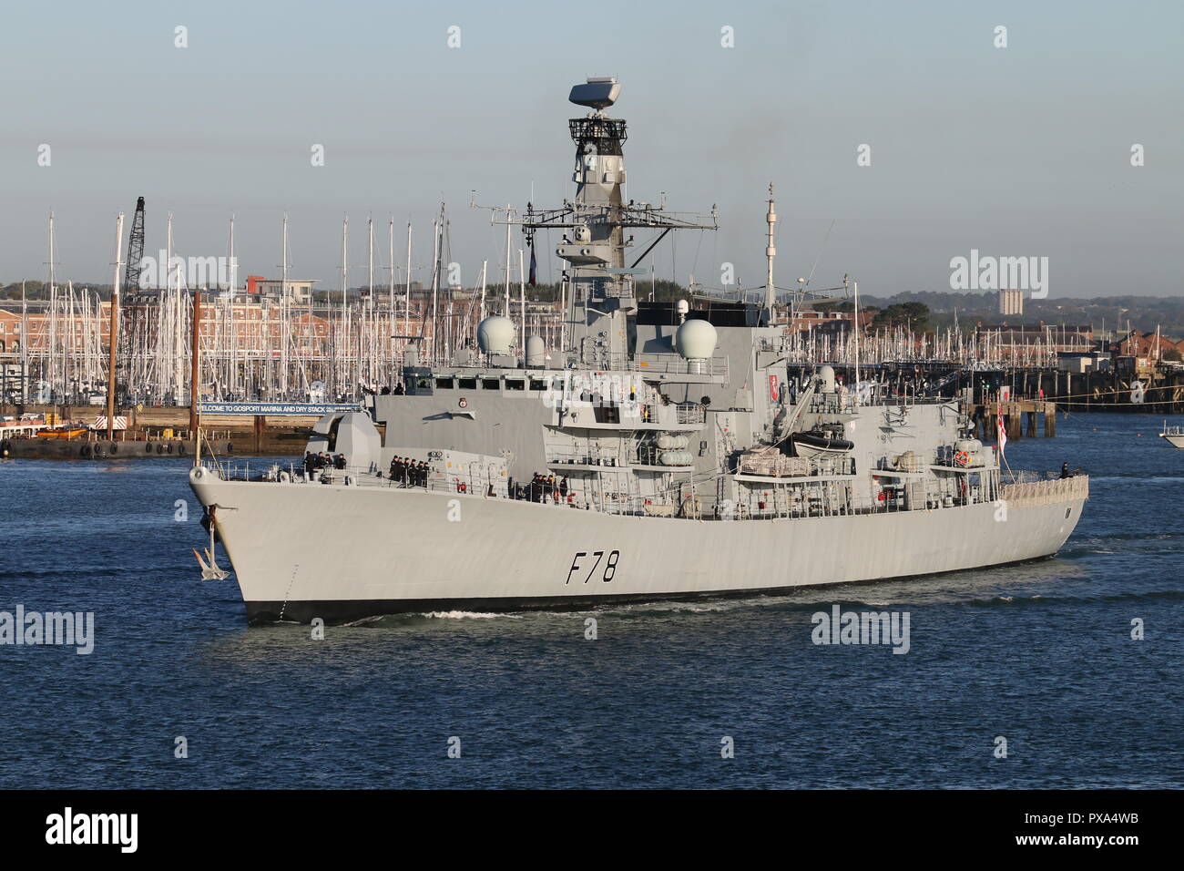 The Royal Navy Type 23 Frigate HMS Kent departs from Portsmouth, UK on ...