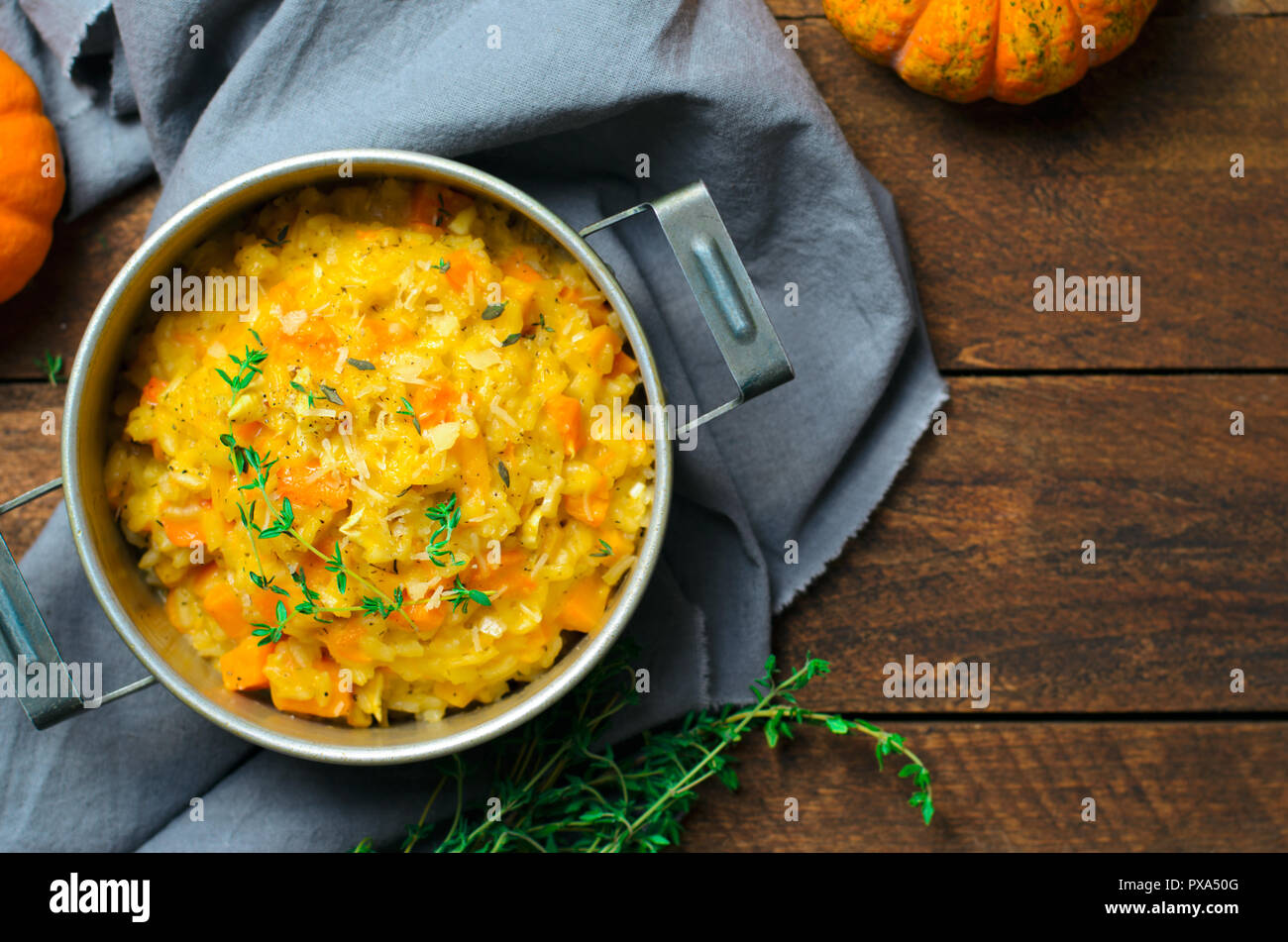 Delicious Pumpkin Risotto with Thyme and Parmesan in a Vintage Pot, Italian Cuisine Stock Photo ...