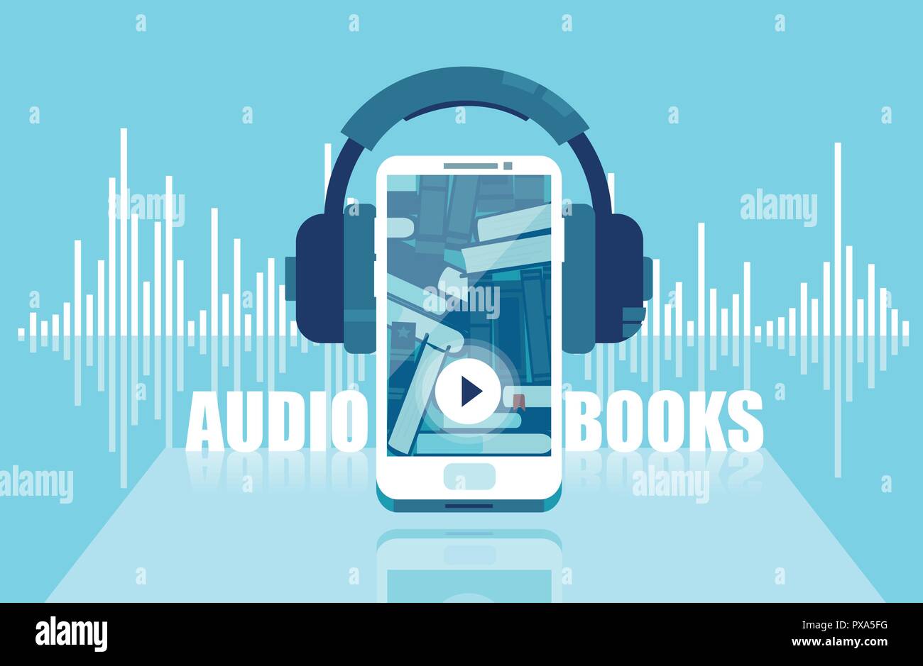 Blue flat design of books with headphones and mobile phone for concept ...