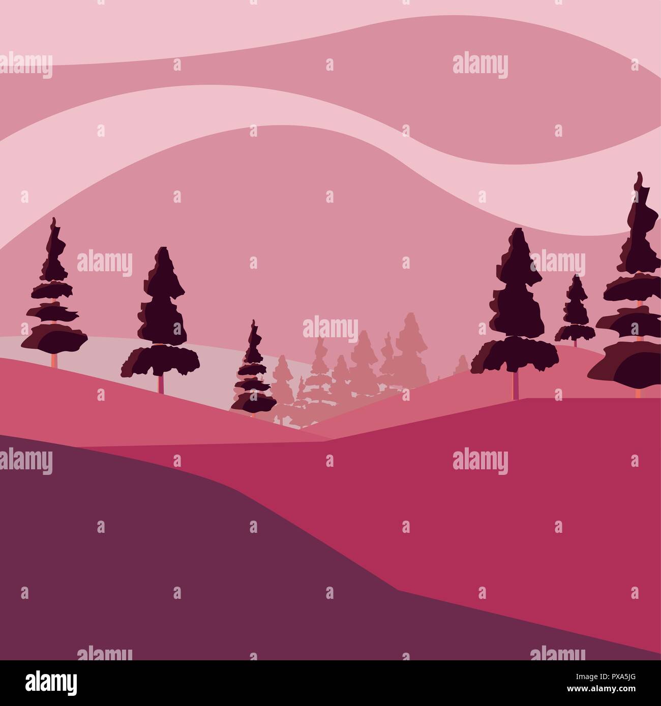 pink hills and trees forest natural landscape vector illustration Stock ...