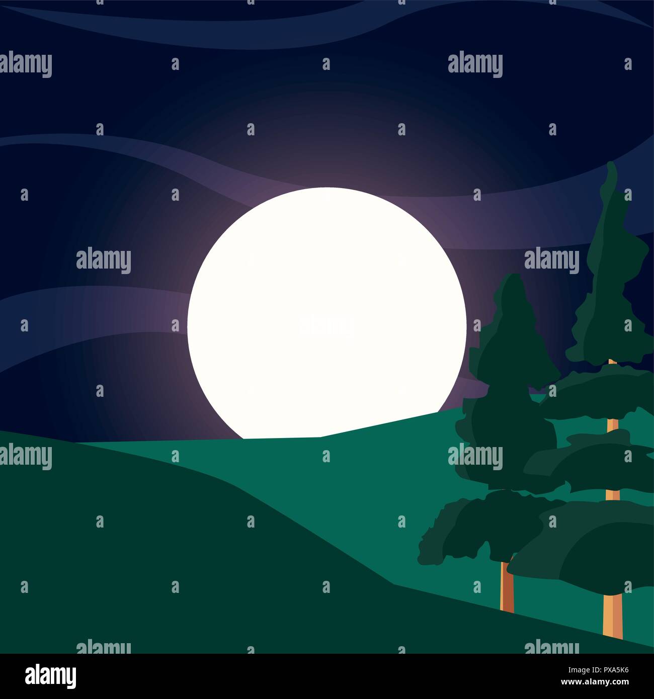 green trees hills moon natural landscape vector illustration Stock ...