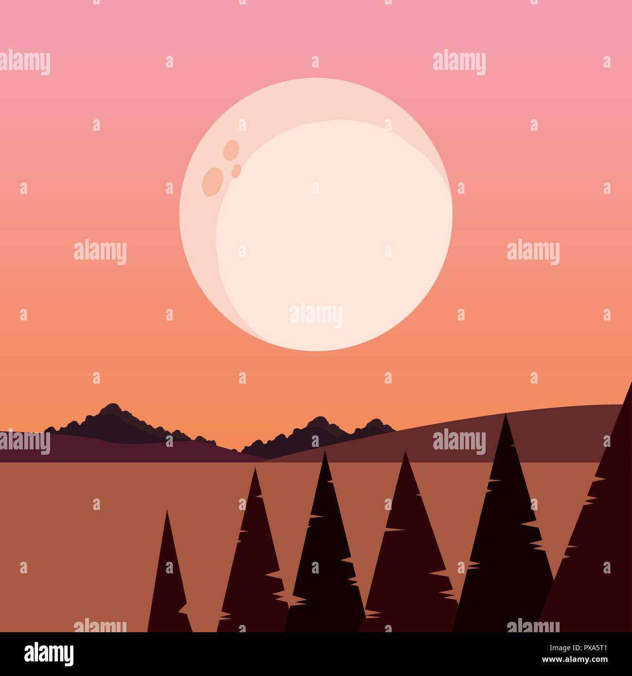 moon trees pine night natural landscape vector illustration Stock ...