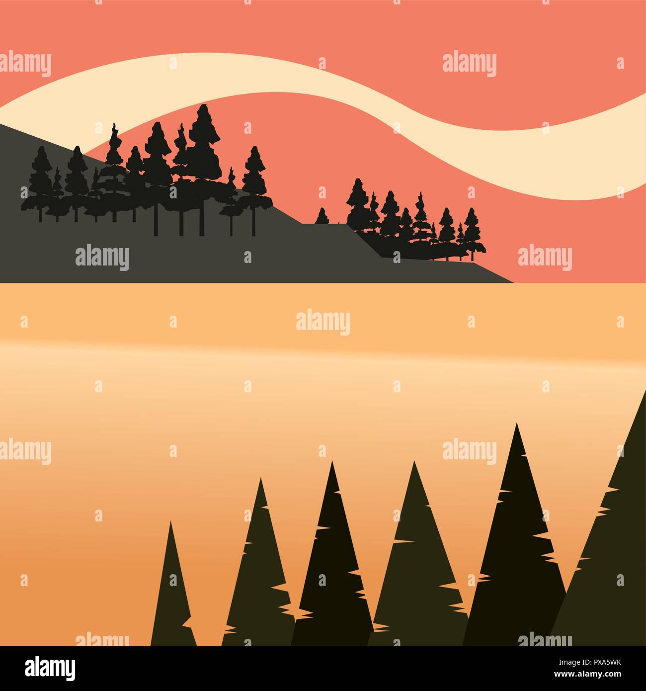 shore bay trees forest lake natural landscape vector illustration Stock ...