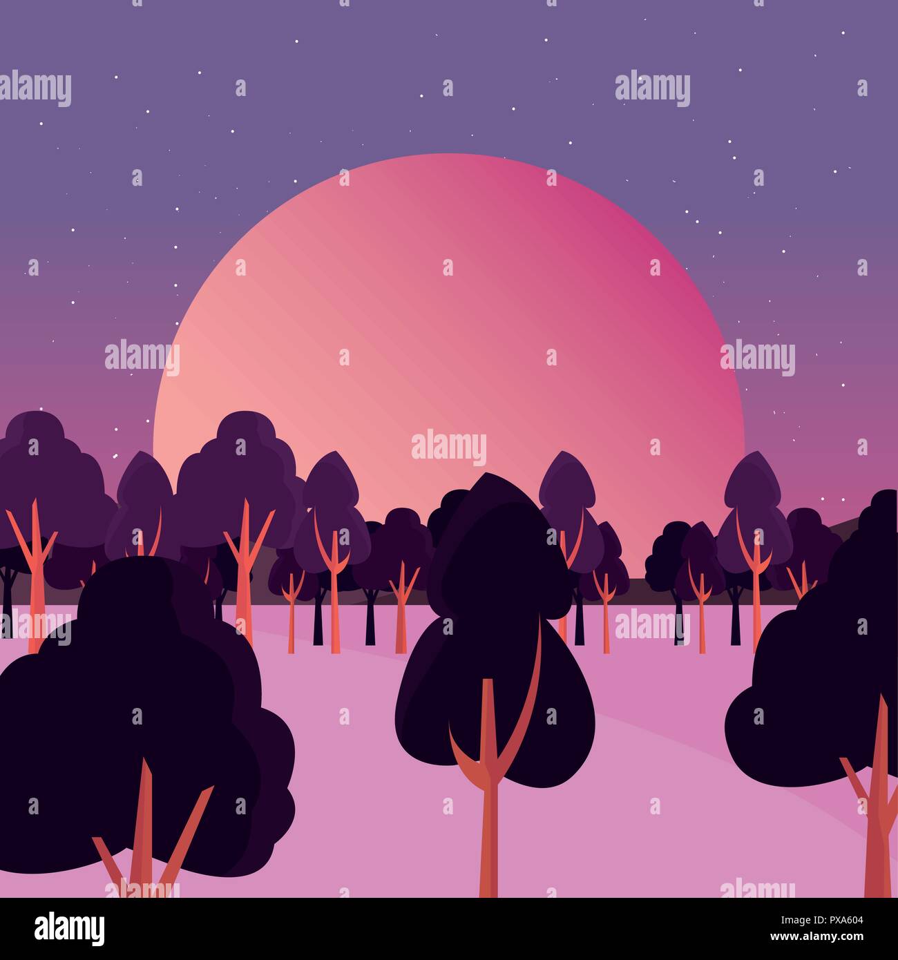 trees forest night stars night natural landscape vector illustration ...