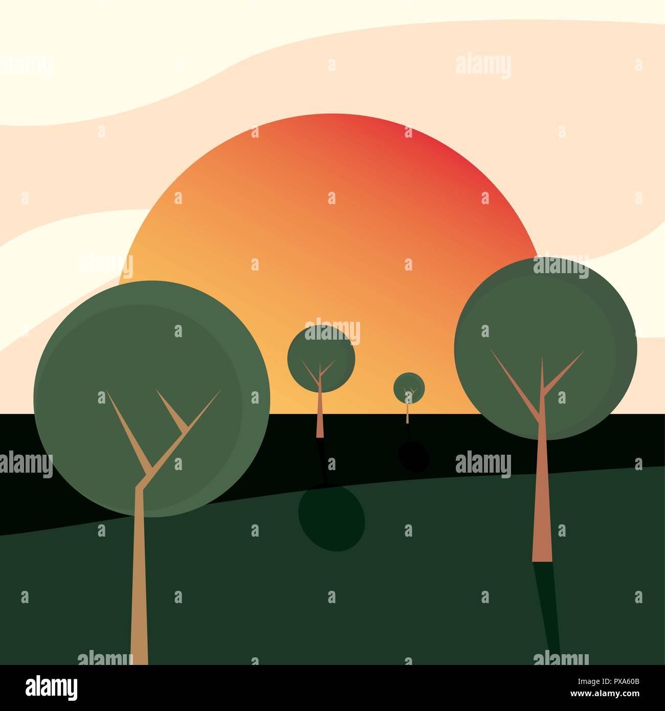 round trees sun sky natural landscape vector illustration Stock Vector ...