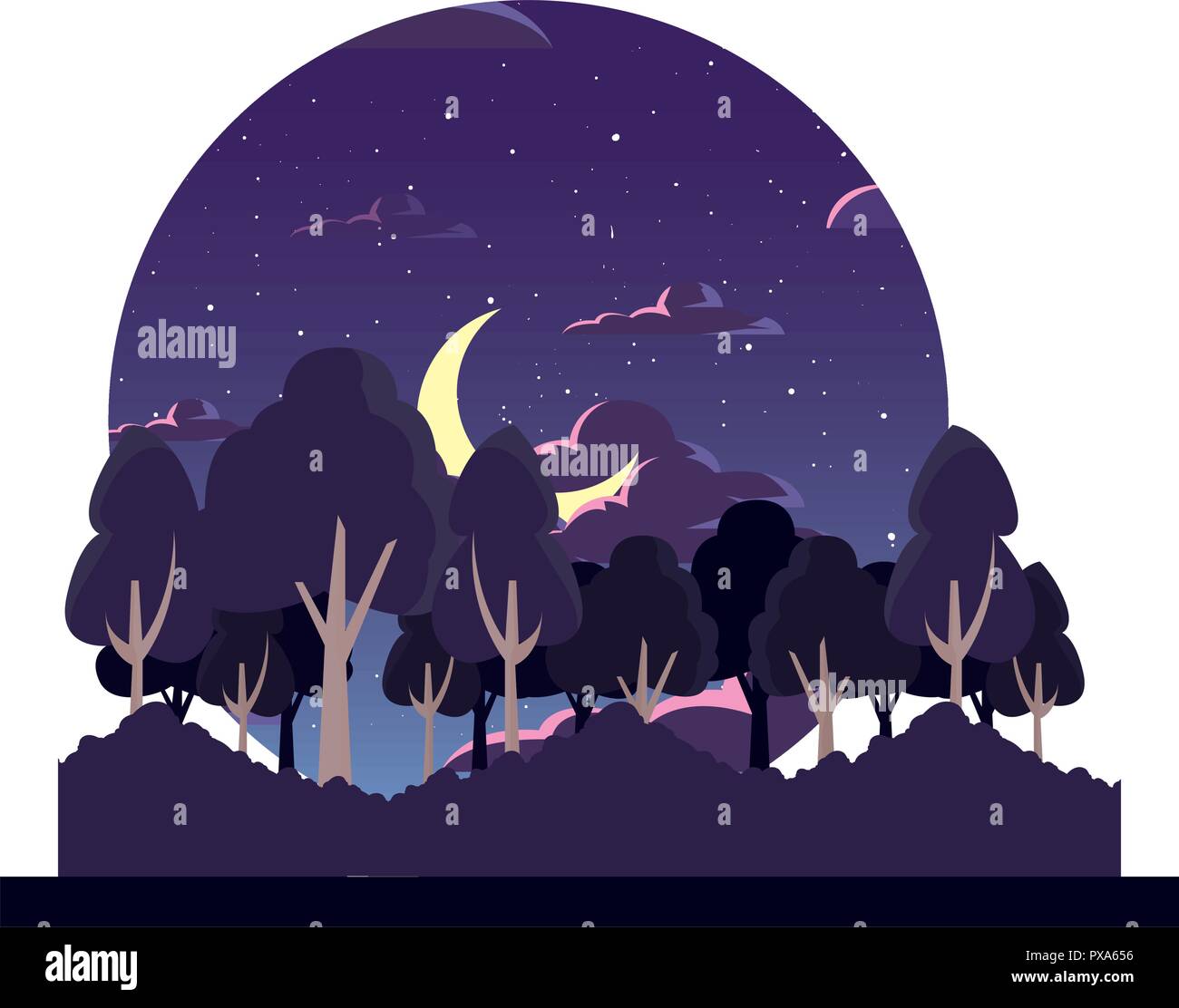 forest night trees moon natural landscape vector illustration Stock ...