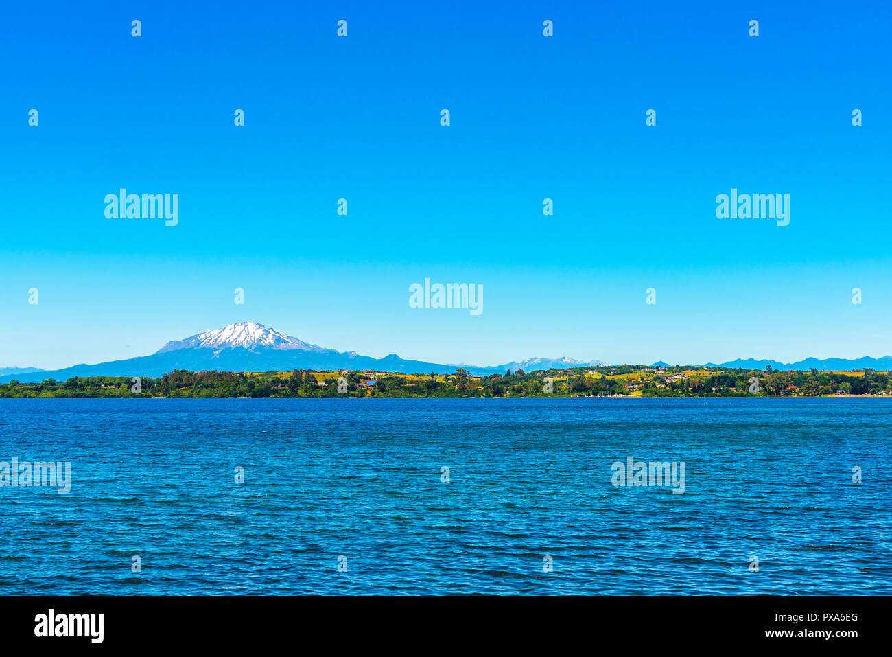 View of Calbuco volcano, Puerto Varas, Chile. Copy space for text Stock ...